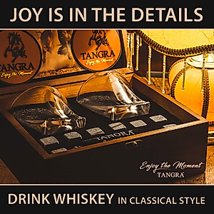 Whiskey Stones Luxury Gift Set of 8 Granite Ice Cubes Reusable Chilling Rocks + 2 Large Size Scotch Glasses in Wooden Box. Cool Whiskey Gift Sets for Man Dad Father Groomsmen