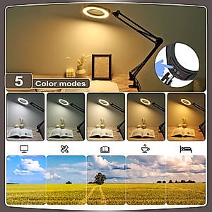 VEEMAGNI 5 Inch Large Magnifying Glass with Light and Stand, 5 Color Modes Stepless Dimmable, Long Swivel Arm LED Clamp Desk Lamp, Hands Free 8X Lighted Magnifier for Close Work Craft Hobby Soldering