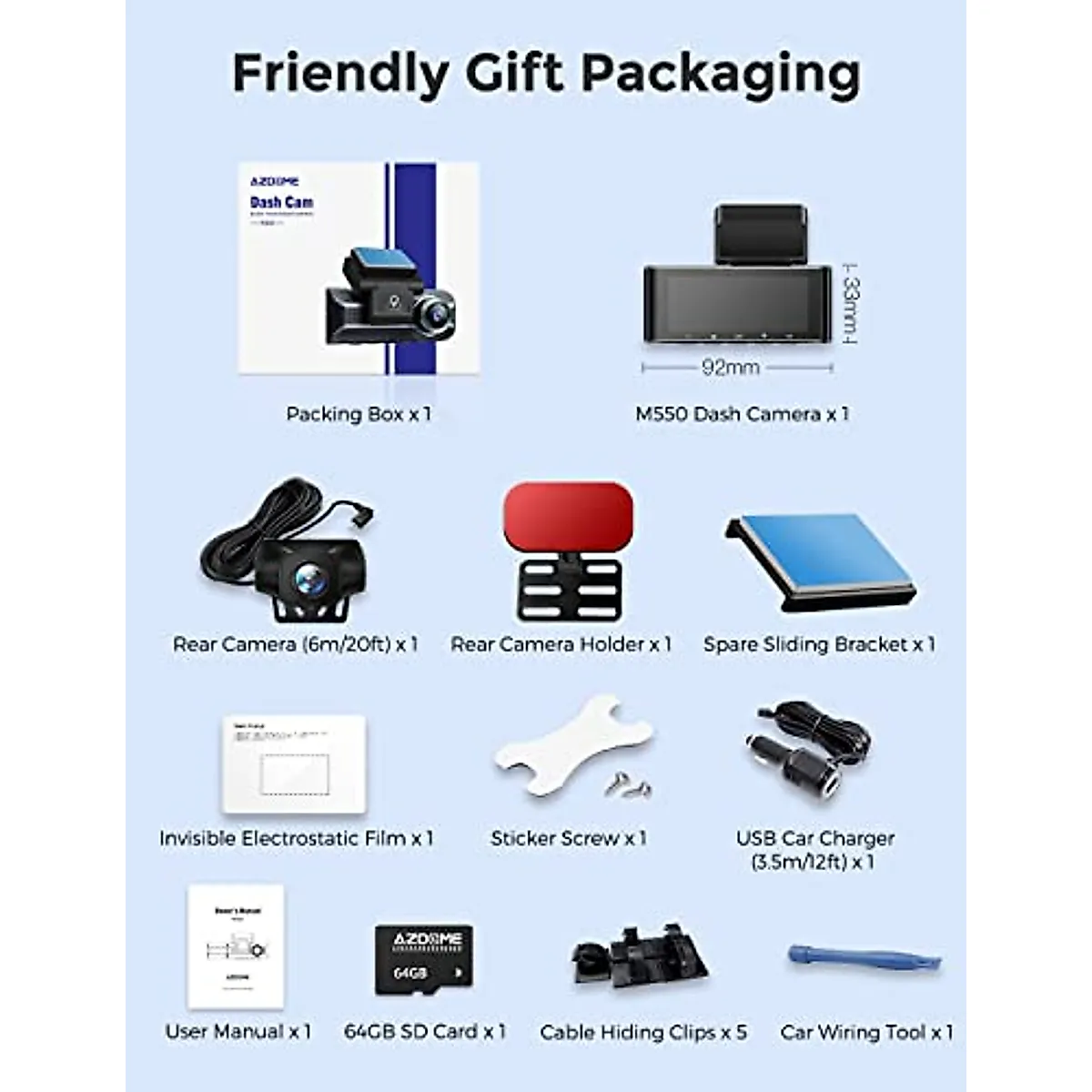 AZDOME 4K Dual Dash Cam, Built in WiFi GPS, with 64GB Card, Front 4K and Rear 1080P Car Dashboard Camera Recorder, 3.19" IPS, Night Vision, Capacitor, Parking Mode, Support 256GB Max M550-2CH