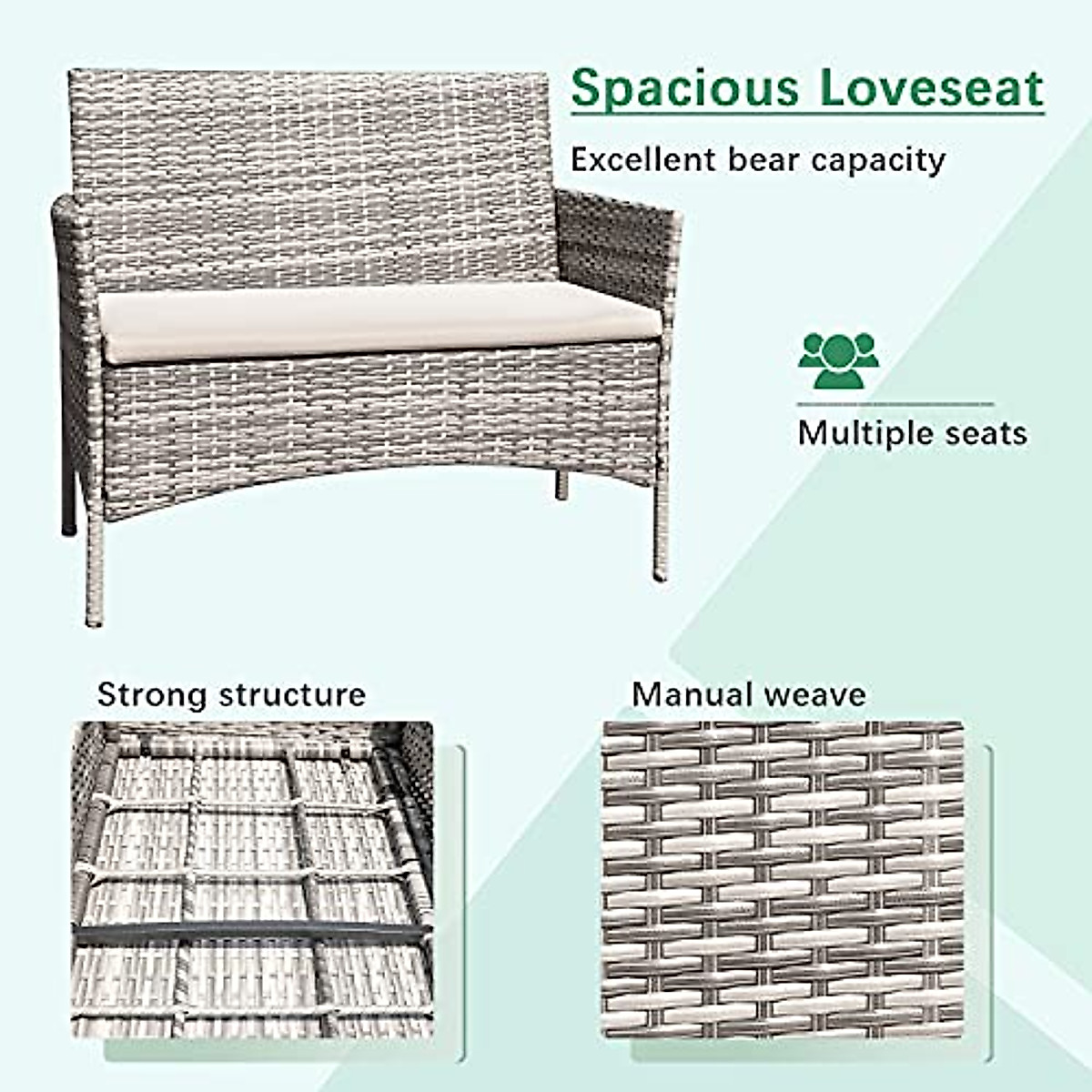 Greesum Patio Furniture 4 Pieces Conversation Sets Outdoor Wickerr Rattan Chairs Garden Backyard Balcony Porch Poolside loveseat with Soft Cushion and Glass Table, Gray and Beige