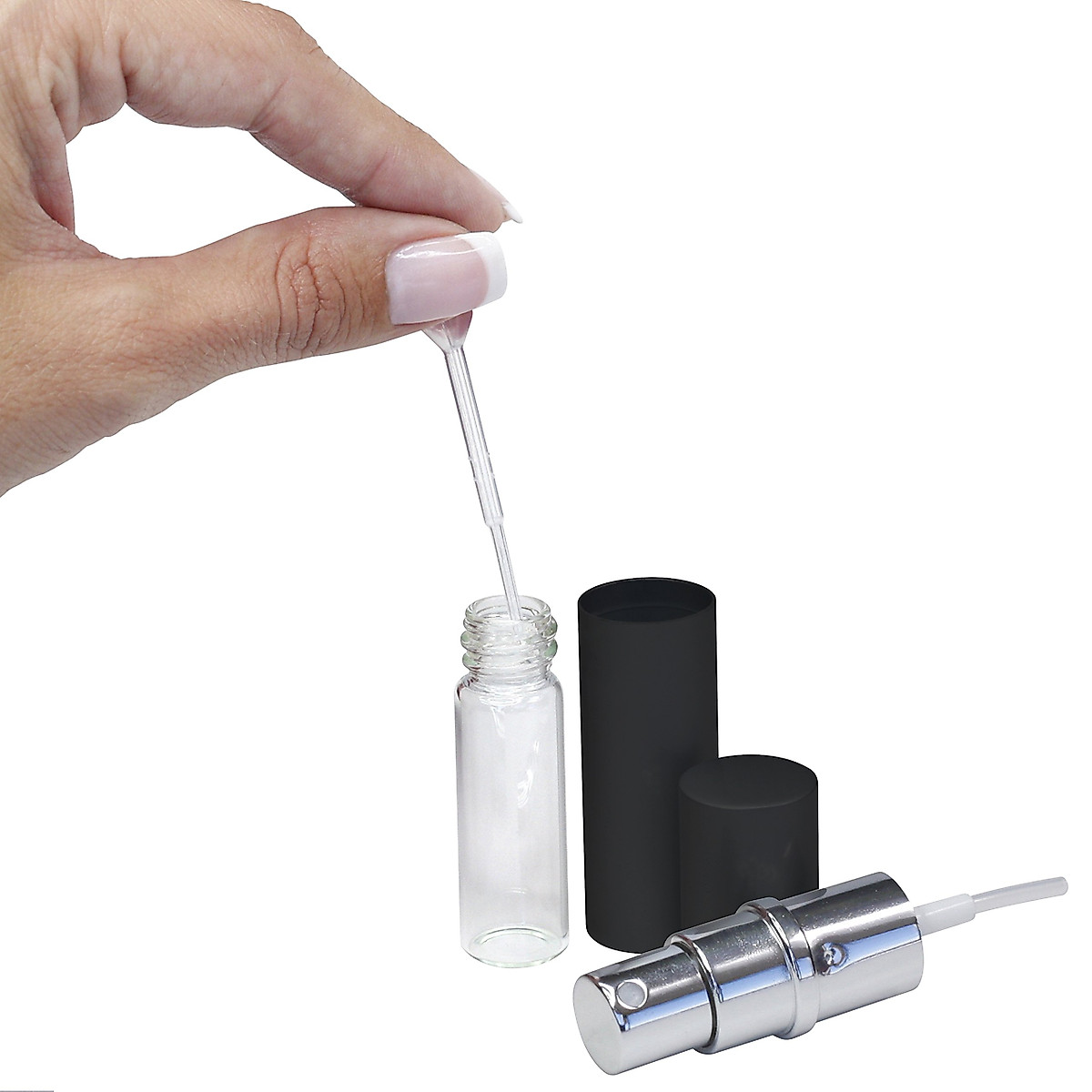 Refillable Perfume & Cologne Fine Mist Atomizers with Metallic Exterior & Glass Interior - 5ml Portable Travel Size - 3ml Squeeze Transfer Pipette Included (2 Pack, Silver & Black)