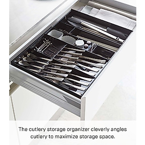 YAMAZAKI Home Expandable Cutlery Kitchen Angled Utensils Storage Multi-Compartment Silverware Organizer Drawer Insert Tray, Plastic, Adjustable, Expandable, No Assembly Req.