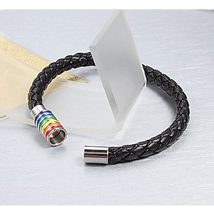 PHOGARY Gay Pride Bracelet LGBT Rainbow Bracelet (2 Packs), Couple Black Leather Bracelet Men’s Women’s Bangle with Rainbow Striped Stainless steel Magnetic Clasp 22cm