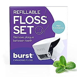 BURST Refillable Dental Floss Dispenser Set - Mint Eucalyptus Aroma - Expanding Floss - Stain-Absorbing, Woven Tooth Floss - White Case + 32 Yards Charcoal Floss