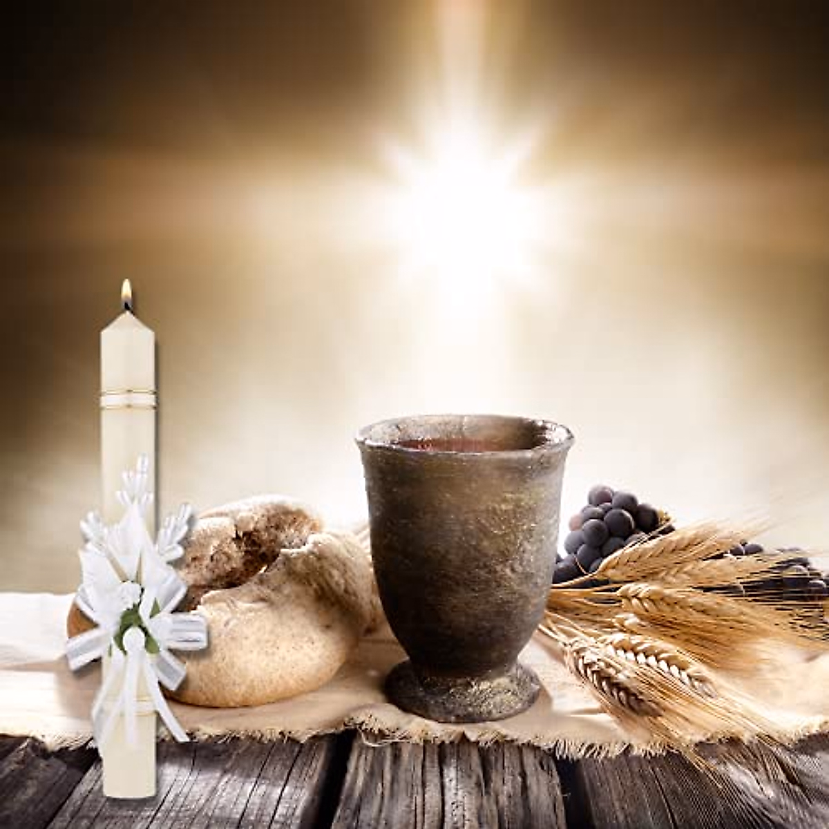 First Holy Communion Hand Decorated Taper Candle with White Faux Flowers and Ribbon, Catholic Gifts for Girls and Boys, Tall Candles, Cirio para Primera Comunion, 11.25 Inches