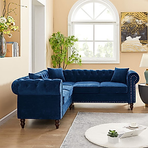 Merax L-Shaped 80" Deep Sofa Couch, Luxury Classic Chesterfield L-Shaped Velvet Sofa, Button Tufted Upholstered Sectional Corner Sofa with 3 Pillows and Solid Wood Gourd Legs, Blue Velvet