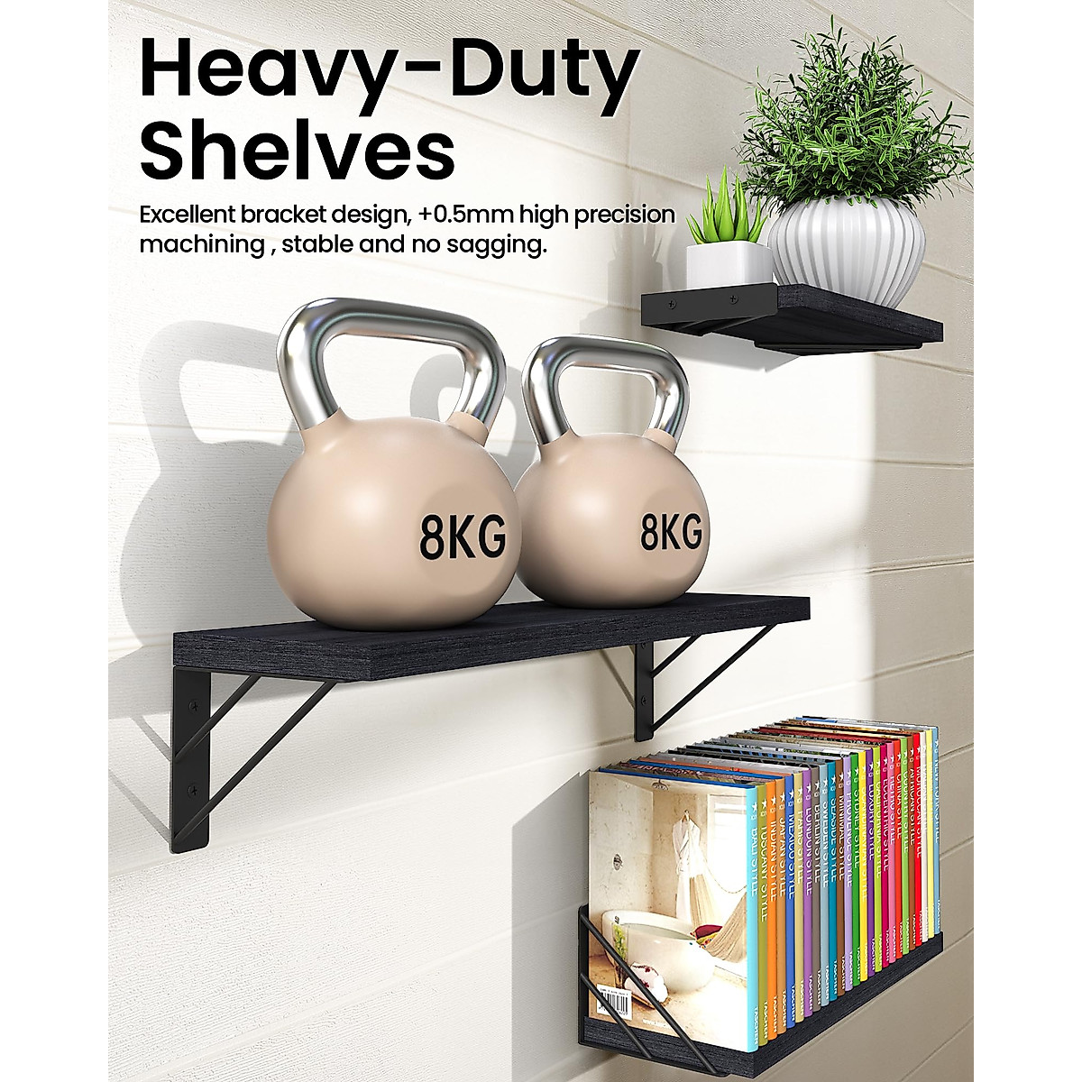 BAYKA Wall Shelves for Bedroom Decor, Floating Wall Shelves for Living Room Kitchen Storage, Wall Mounted Rustic Wood Floating Shelves for Kids Books, Small Shelf for Bathroom(Black，Set of 3)