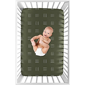 Sweet Jojo Designs Hunter Green Boy Girl Fitted Mini Crib Sheet Baby Nursery Portable Crib Pack and Play White Bohemian Woodland Tribal Mud Cloth Hatch Gender Neutral Triple Line Safari Jungle Animal