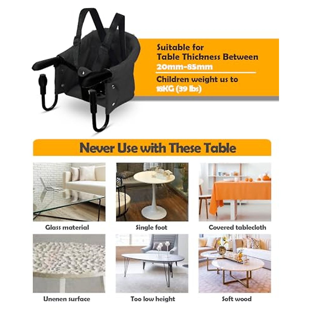 ATHRADIES Hook on High Chair with Mat, Clip on High Chairs for Babies and Toddlers, High Chair That Attaches to Table, Portable High Chair for Travel, Travel High Chair with Carrying Bag,Black