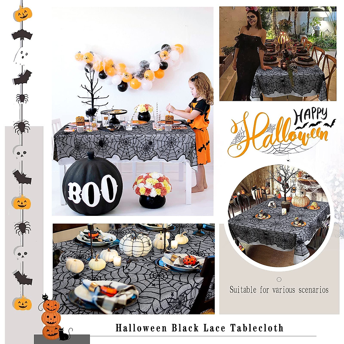 LuoluoHouse Black Lace Tablecloth 54x72 Inch Halloween Tablecloths Spider Cobweb Table Cover for Masquerade Dinner Party Scary Movie Nights Table Decorations
