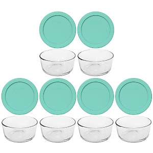Pyrex (6) 7200 Glass Bowls & (6) 7200-PC Sea Glass Blue Lids Made in the USA