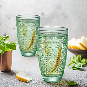 Bekith 4 Pack Colored Romantic Drinking Glasses, 14.5 oz Tall Water Glasses, Embossed Tumblers for Beverage, Beer, Soda, Cocktails, Vintage Glassware Set for Dinner Parties, Bars, Green