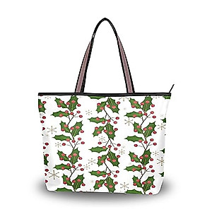 JSTEL Christmas Tote Bag with Zipper,Christmas Berry Holly Tote Purse Women Holiday Handbag Xmas Gift