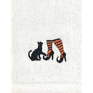 Serafina Home Decorative Halloween Fingertip Towels: Plush White Embroidered Cotton Witch Shoes with Cat Design, 2 Piece Set, 11" x 18" Inch Each (White)