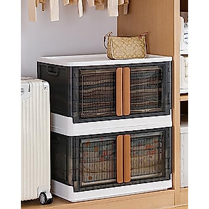 XTACO 3 Pack Stackable Storage Bins with Lids, 8.4 Gal Collapsible Storage Bins, Wardrobe Closet Organizer, Foldable Plastic Storage Container with Door, Crate for Book Storage