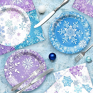 Frozen Plates and Napkins-61Pcs Winter Wonderland Snowflake Tableware for Christmas Winter Holiday,Birthday,Baby Shower