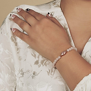 KARMA AND LUCK - Emotional Healing - Women's Real Rose Quartz 18K Rose Gold Plated Embedded Gorgeous Diamond Chip Evil Eye Charm Bracelet Handmade in Bali for Her