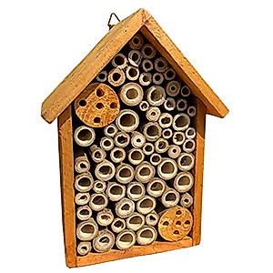 Wooden Outdoor Hanging Insect Mason Bee House, Garden Hotel for Butterfly Ladybug Mason Bees to Nest, Garden Insect Hanging Habitat, Natural Mason Bee Box, Yellow