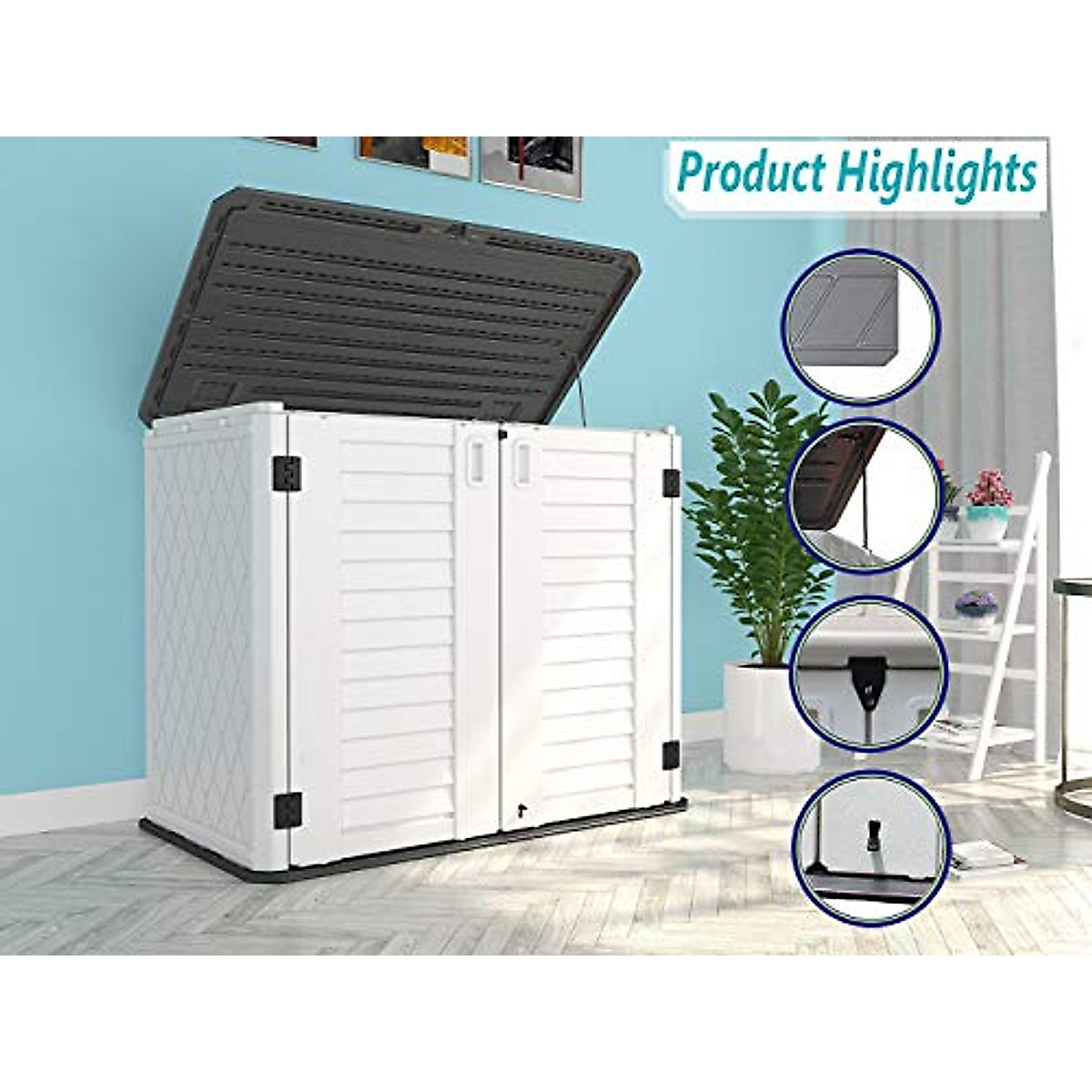 HOMSPARK Horizontal Storage Shed Weather Resistance, Multi-Purpose Outdoor Storage Box for Backyards and Patios, 26 Cubic Feet Capacity for Bike, Lawnmower, Trash Cans, Patio Accessories