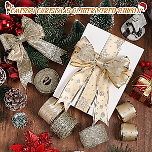 Jutom 6 Rolls Champagne Christmas Ribbon Wired 1.5 Inch Gold Christmas Tree Ribbon Glitter Mesh Ribbon Satin Snowflake Ribbon for Crafts, Gift Wrapping, Tree, Wreaths, Garland Total 36 Yard