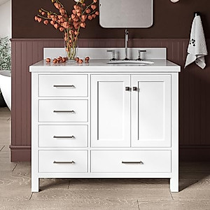 ARIEL Cambridge 43 Inch White Bathroom Vanity with Sink, 1.5" Edge Quartz Countertop, Solid Wood, Right Oval Sink, 2 Soft Closing Doors, 5 Full Extension Dovetail Drawers