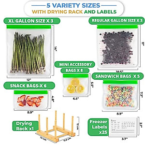 24 Pack Storage Bags for Food In 5 Sizes & 25 Freezer Labels With Drying Rack bpa free food bags, XL 12 X 14 Reusable Gallon Bags For Food, Silicone Storage Bags For Food Kids Reusable Snack Bags