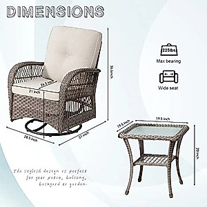 Joyside Patio Bistro Set, 3-Piece Patio Wicker Swivel Rocking Chair Set, Outdoor Patio Furniture Chair with Side Coffee Table & Durable Fabric Cushion(Brown/Beige)
