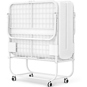Homieasy Folding Bed with Mattress, Portable Foldable Bed with Storage Cover, Rollaway Bed for Adults with Memory Foam Mattress and Metal Frame, Cot Size Guest Bed on Wheels- White, 75” x 31”