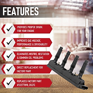 Ignition Coil Pack - Compatible with Chevy, Buick, Cadillac Vehicles - 2011-2018 - 1.4L Encore, ELR, Cruze, Cruze Limited, Sonic, Trax, Volt - Replaces D521C, 55577898, 55579072, 25198623, UF669