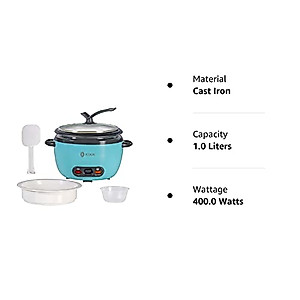 ICOOK Blue Rice Cooker 1L Grains,Oatmeal,Cereals Cooker,Rice Warmer Steamer,Small Mini Rice Cooker Removable Nonstick Pot,Full View Glass Lid,Stand Plastic Knob