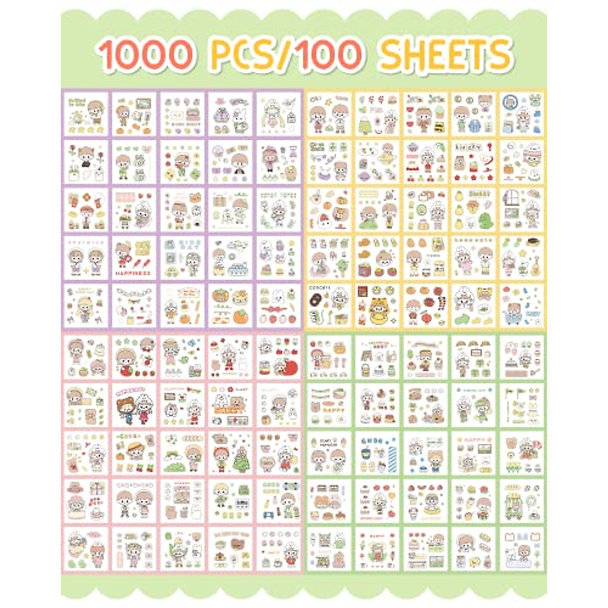 Benresive 1000 Pcs Cute Stickers for Kids, Water Bottle Stickers Kawaii Waterproof Vinyl Scrapbook Phone Laptop Stickers, 100 Sheets Journaling Aesthetic Sticker Packs for Girls Teens（Green）