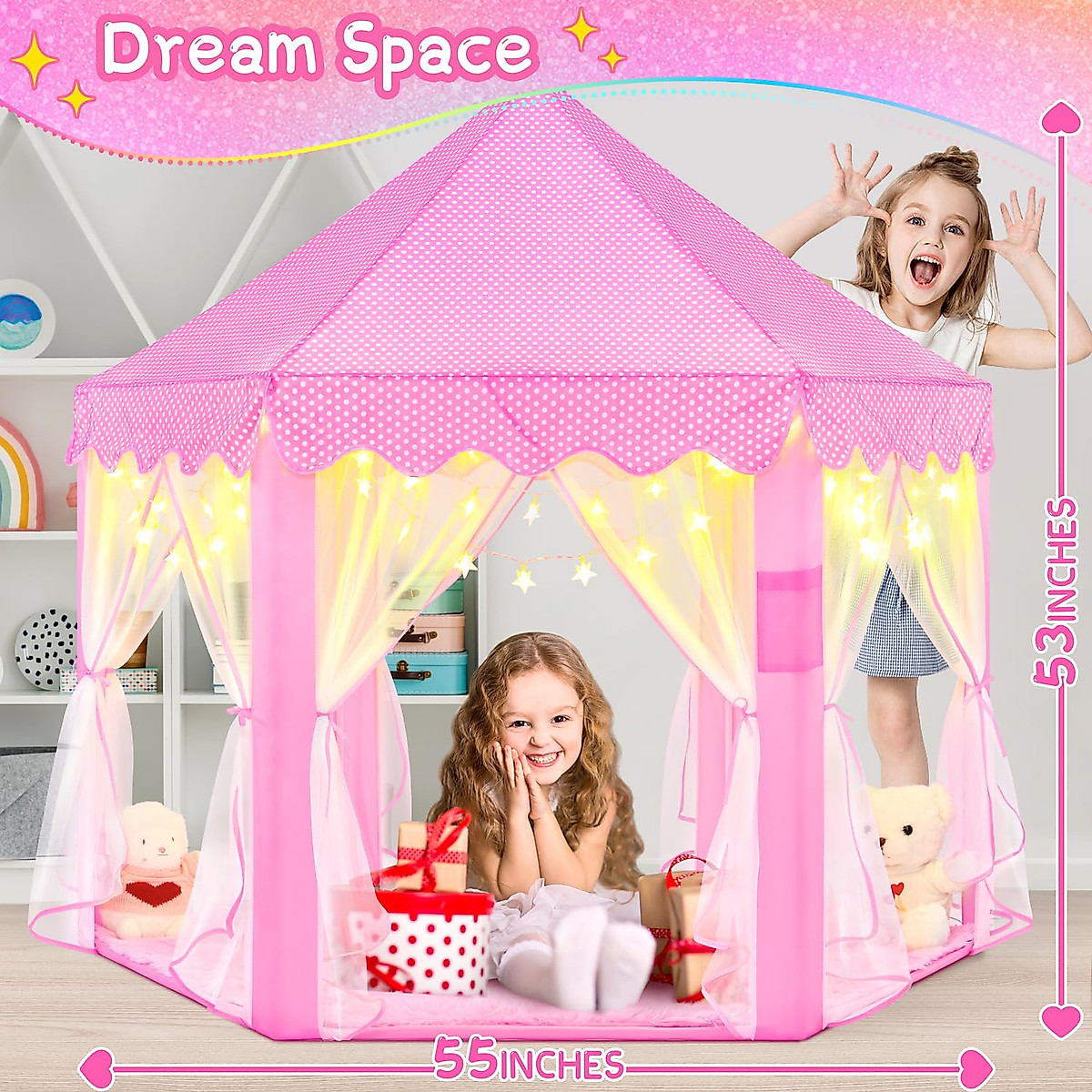 EVOIONOS Princess Tent for Girls, Kids Play Tent with LED Star Lights, Castle Playhouse for Children Indoor Outdoor Games, 55X53 inches, Pink