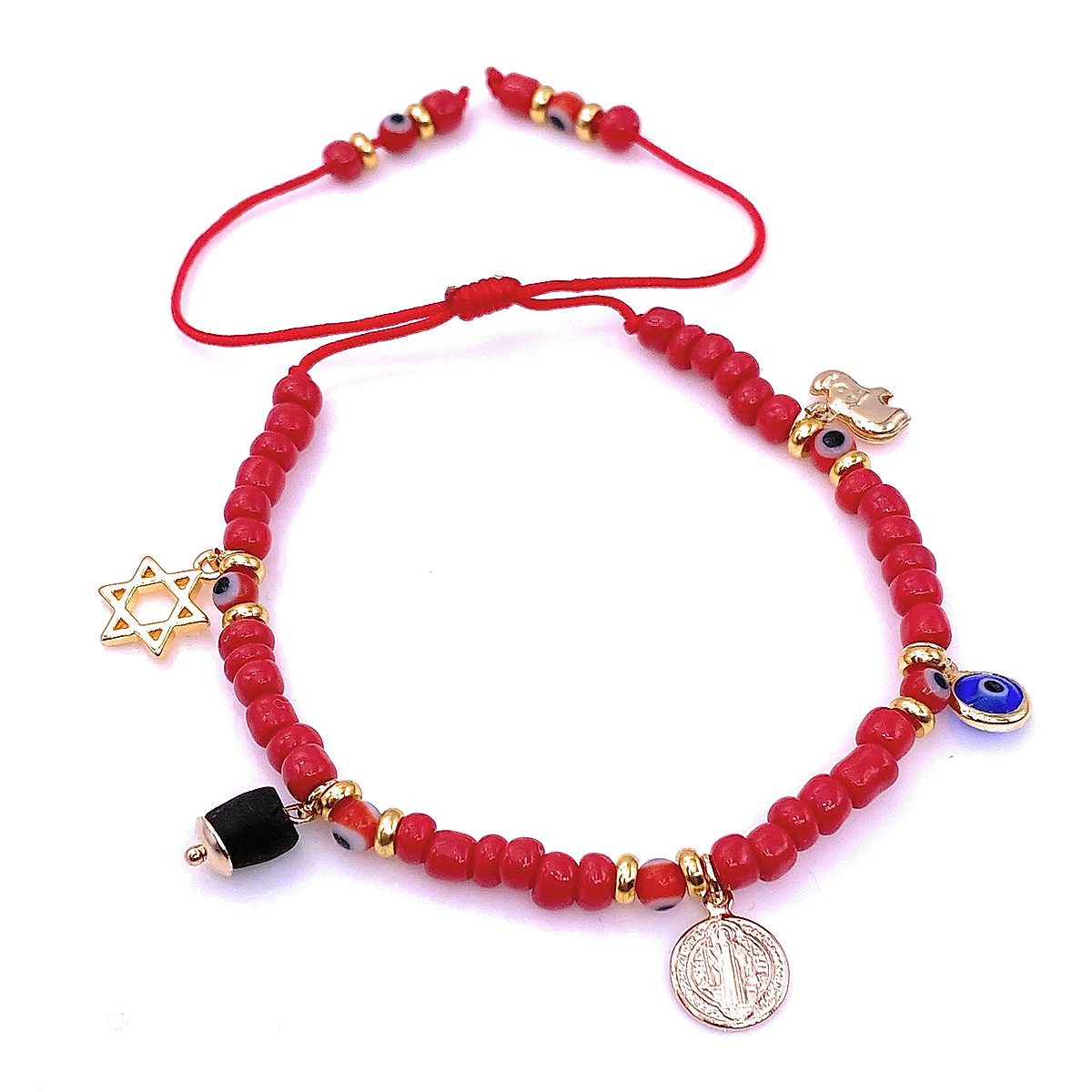 LESLIE BOULES Saint Benedict Protection Red Bracelet for Women Lucky Multi Charms & Genuine Azabache Pendant