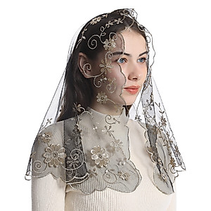 Bozidol Catholic Church Mass Veil Spanish Chapel Lace Mantilla Veil First Communion Head Covering for Girls (Black-Gold)