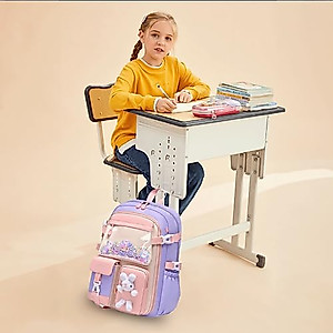 HZhuyu Kawaii Backpack with Cute Accessories Wide Open Bunny Cute Backpack Asthetic Backpack with Plush Pendenat (Large,Blue)