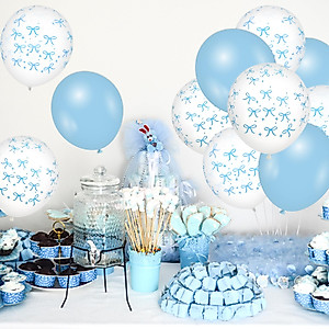 JarThenaAMCS 30Pcs Party Decoration Blue Bow Latex Balloon 12 in Blue White Bowknot Party Balloon Cute Bowtie Printed Clear Balloon for Birthday Bachelorette Bridal Party Decor