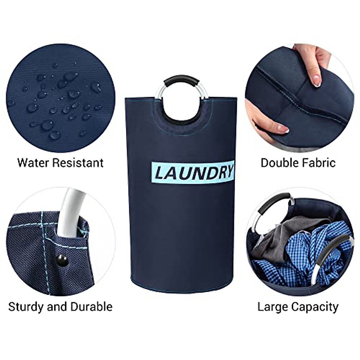82L Large Laundry Basket Waterproof Laundry Hamper Collapsible Folding Tall Clothes Hamper Foldable Clothes Bag Folding Washing Bin Navy Blue