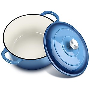 Blue Enameled Dutch Oven with Lid (6QT Pot), Joyfair Enamel Cast Iron Stock Cooking Pot Round Deep Casserole Oven Safe Cookware, For Baking Sourdough Bread Stewing Roasting Chicken, Easy Cleaning