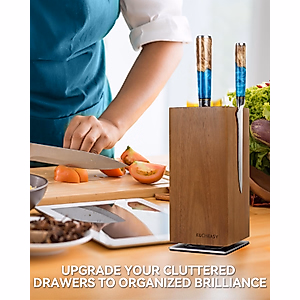 KUCHEASY Magnetic Knife Block 360° Rotating Wood Universal Knife Holder with Four Side Ultra Strong Magnets, Knife Storage Rack with Removable Bristles, Multifunctional Storage for Kitchen Counter Top