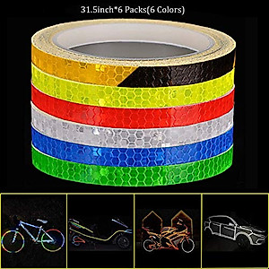 Reflective Tape Outdoor Safety Warning Lighting Sticker Waterproof Bike Reflector Tape for Car, Bicycle, Motorcycle Rim Self-Adhesive DIY Decoration (6 Colors-Blue Red Green White Yellow Black+orange)