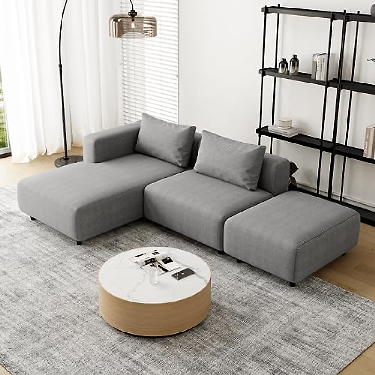 Acanva Soft Corduroy Sectional Modular Sofa Set, Modern L-Shaped Chaise Couch for Living Room, Apartment, Office, Small Spaces, Grey