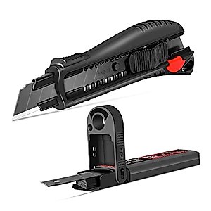 HAUTMEC 18mm Utility Knife Box Cutter with Quick Change Button and 10pcs Blade Set, Retractable Snap off Black SK2 Ultra Sharp Blade, Anti-Slip Ergonomic Rubber Handle HT0094-KN