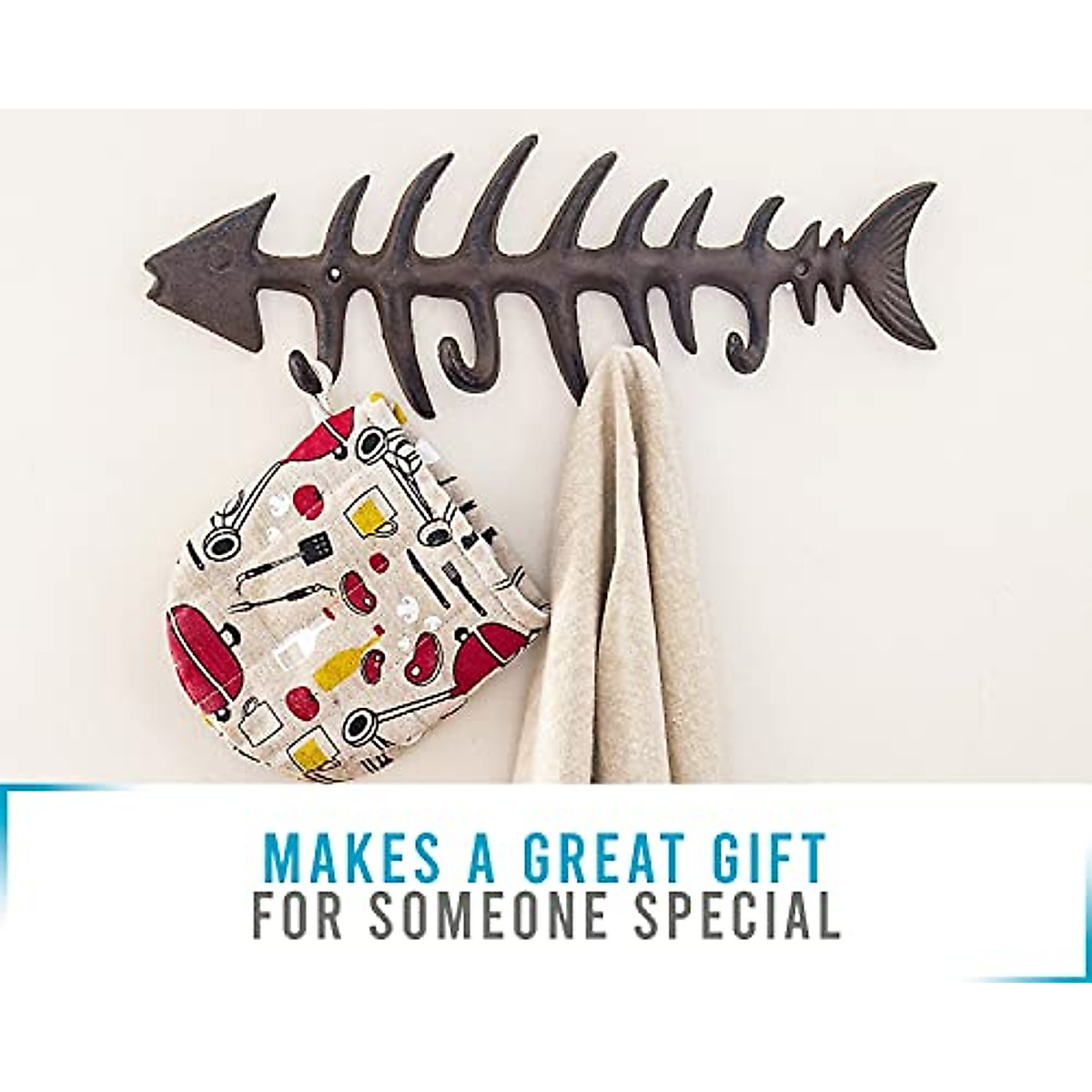 Comfify Decorative Fish Bones Wall Mounted Towel Rack Stylish Cast Iron Hanger with 4 “Fish Bones” Hooks for Towels, Robes and More - Includes Screws and Anchors - in Brown