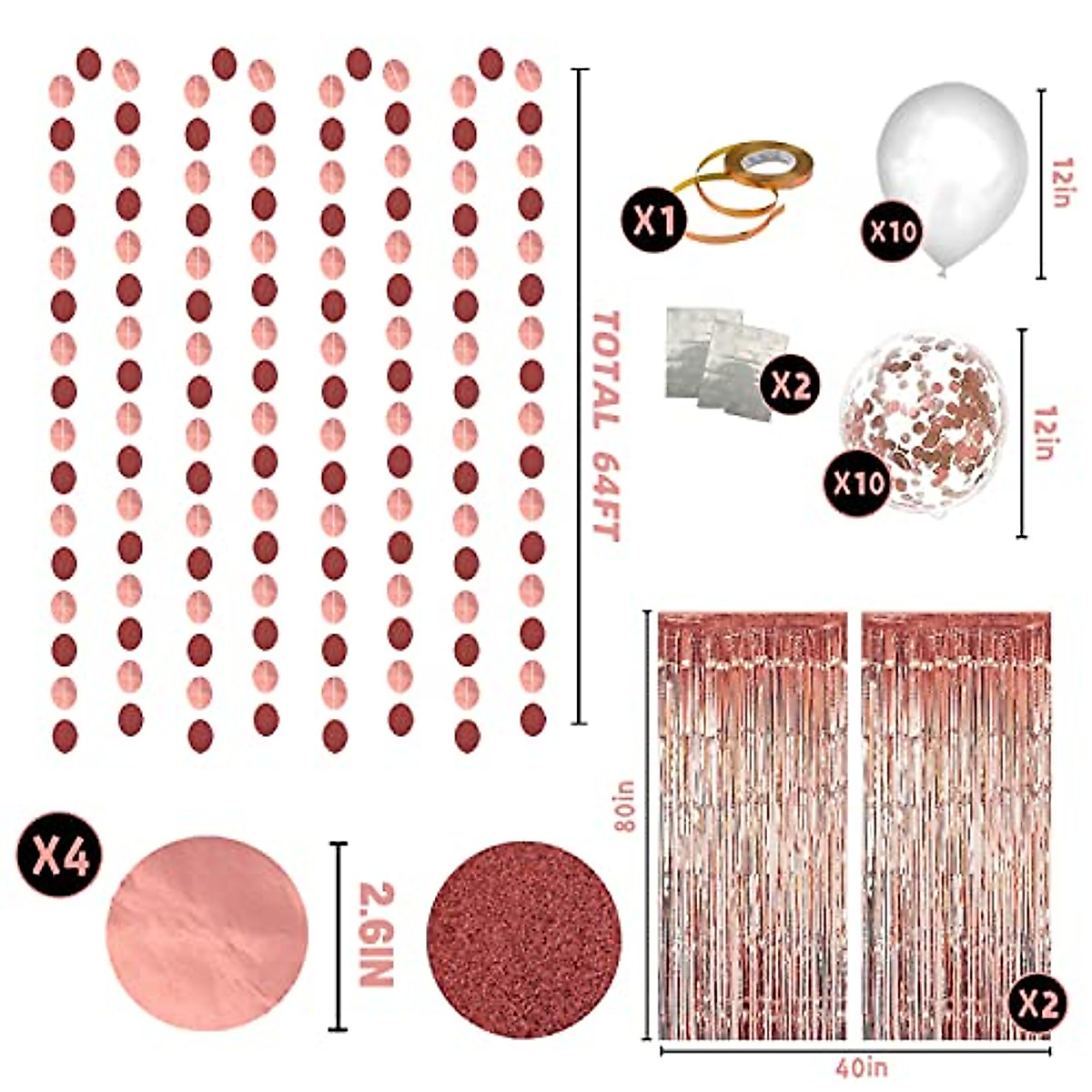 Rose Gold Party Decorations,Glitter Rose Gold Circle Dots Garland ,Fringe Curtain,Balloons,Paper Polka Dots Hanging Streamer String Bunting Banner Backdrop Decor for Birthday,Valentine,Wedding Party