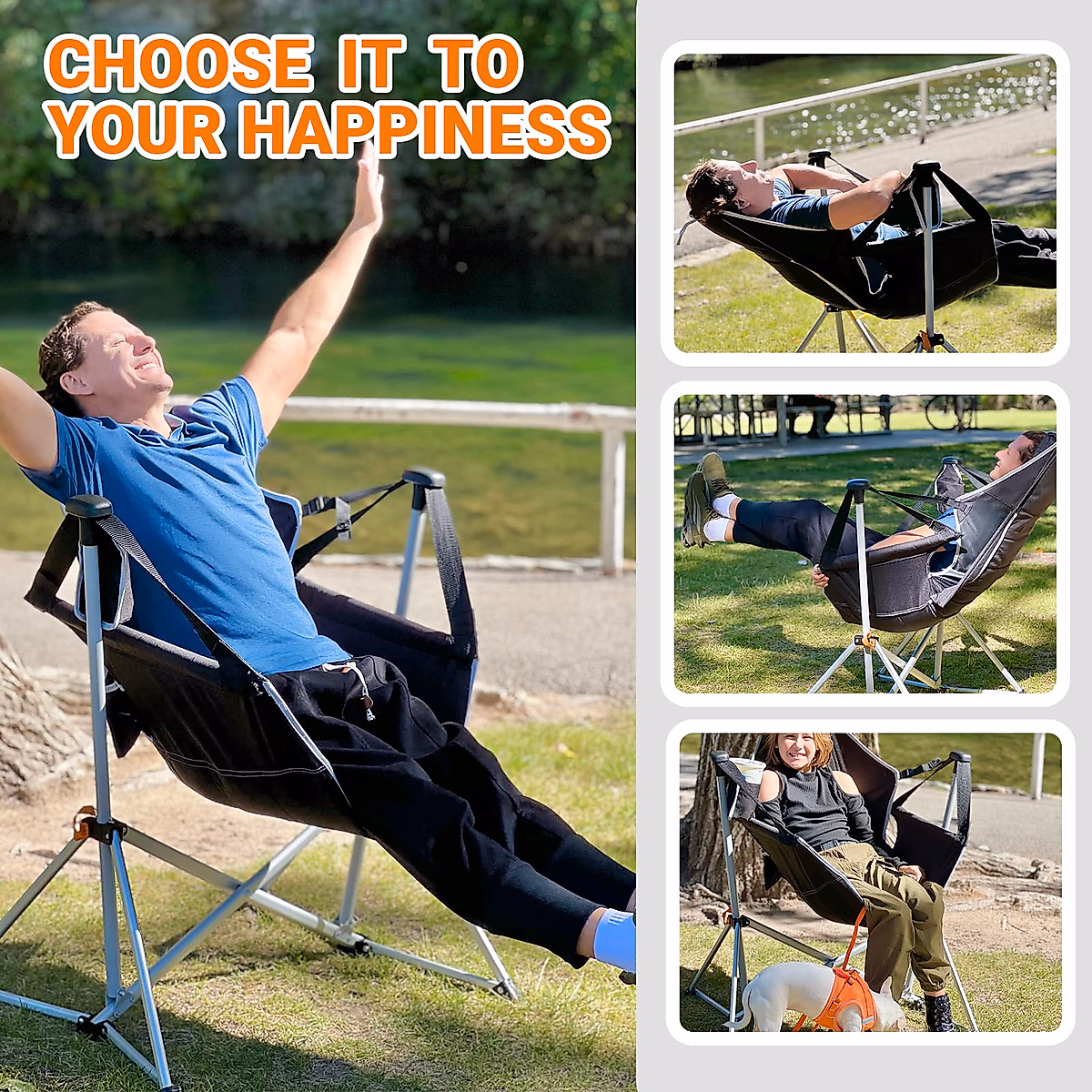 KingCamp Hammock Camping Chair Swinging Rocking Chair for Adults Lawn Beach Camp Outside Portable Folding Chair Hold Up to 264lbs with Adjustable Back Support Carrying Bag Cup Holder
