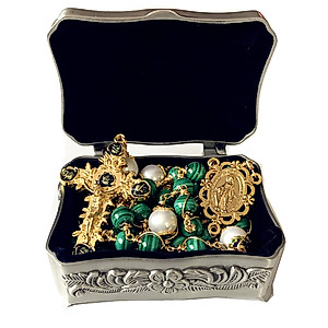 elegantmedical Handmade Gold Wire Wrapped UNDOUBTED Malachite &11-12mm Real Pearl Beads Rosary Cross/Crucifix Necklace Box Catholic Womens Gift