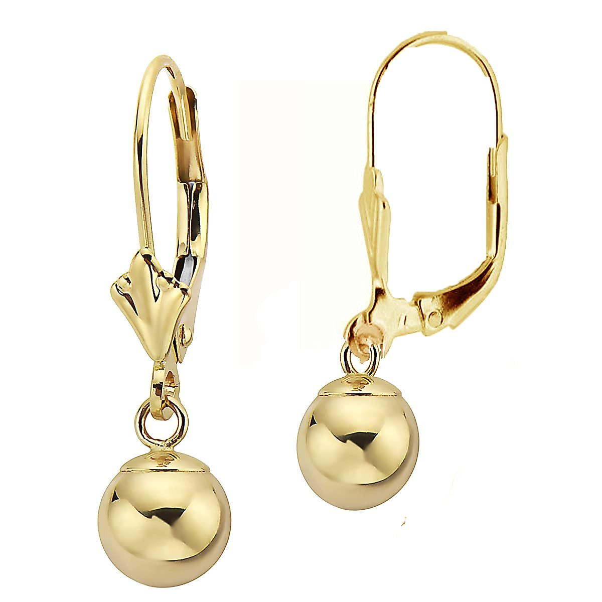 Ritastephens 14K Solid Yellow Gold Ball 6mm Lever Back Drop Dangle Earrings
