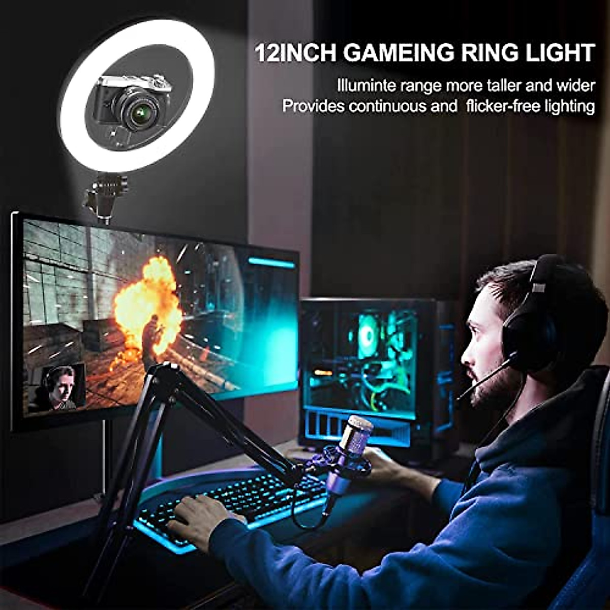 Computer Streaming Ring Light with Desk Mount Stand for Video Conferencing Recording/Zoom Meeting/Calls/Makeup-12''LED Desktop Circle Lighting with Clamp Stand&Phone Holder for Phone/Webcam/Camera