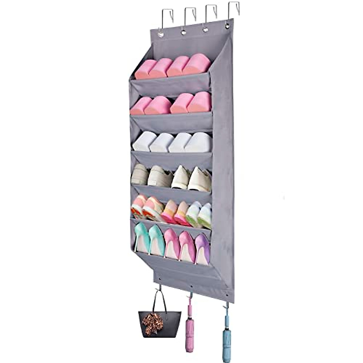 Over The Door Shoe Organizer with Deep Pockets, 6 Layers Hanging Shoe Rack for Closet, 12 Pairs of Wall Shoe Rack with 3 Hooks, Door Hanging Organizer for Shoes Sneakers and Home Accessories Grey