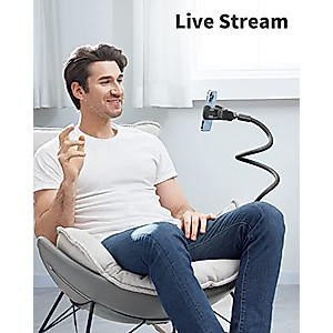 SAIJI Gooseneck Phone Holder for Bed Overall Length 38.6” Flexible Leather Wrapped Arm Overhead Cell Phone Mount Stand with 360° Adjustable Clamp Clip, Compatible with All 4-7” Cellphones (Black)